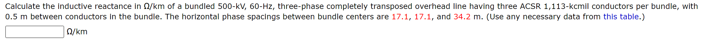 Solved Calculate the inductive reactance in Ω/km of a | Chegg.com