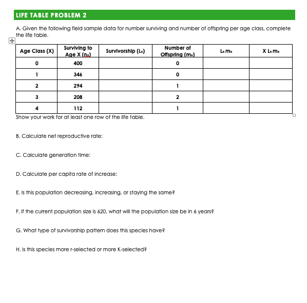Solved LIFE TABLE PROBLEM 2 A. Given the following field | Chegg.com