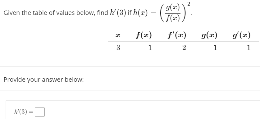 Solved Given the table of values below, find h' (1) if h(x) | Chegg.com