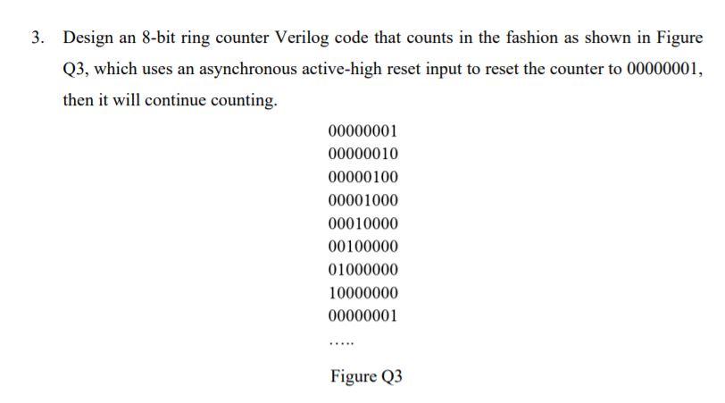 Solved 3. Design an 8-bit ring counter Verilog code that | Chegg.com