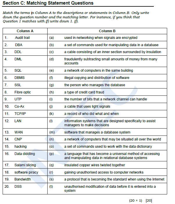 Solved Section C: Matching Statement Questions Match the | Chegg.com