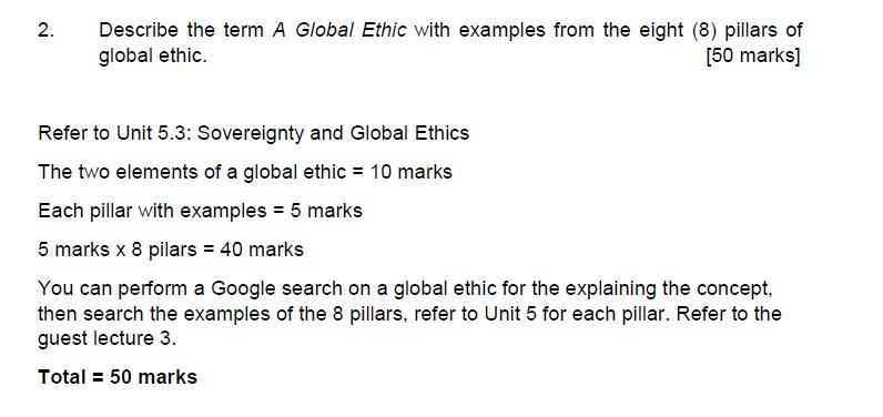 Solved 2. Describe the term A Global Ethic with examples | Chegg.com