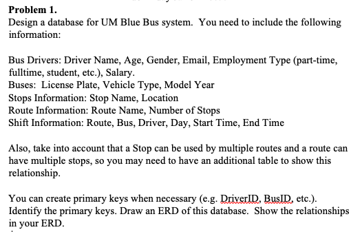 Solved Problem 1. Design a database for UM Blue Bus system. | Chegg.com