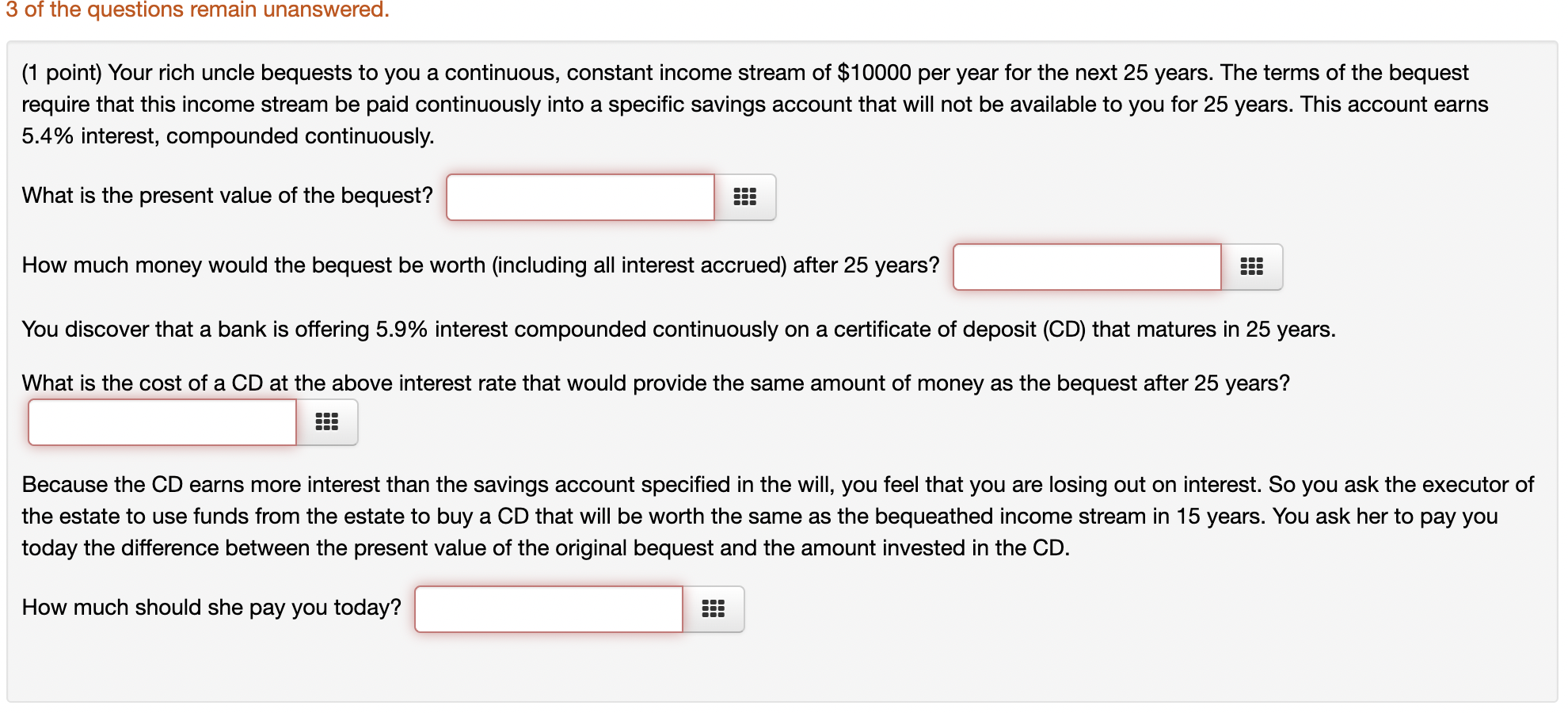 Solved 3 of the questions remain unanswered. (1 point) Your | Chegg.com