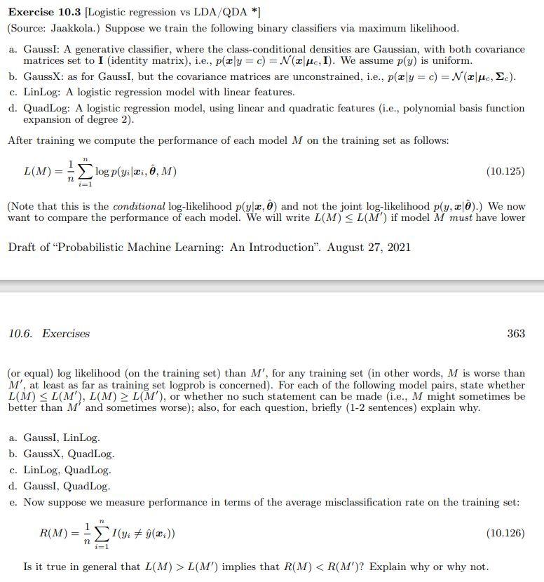 Exercise 10.3 [Logistic regression vs LDA/QDA *] | Chegg.com