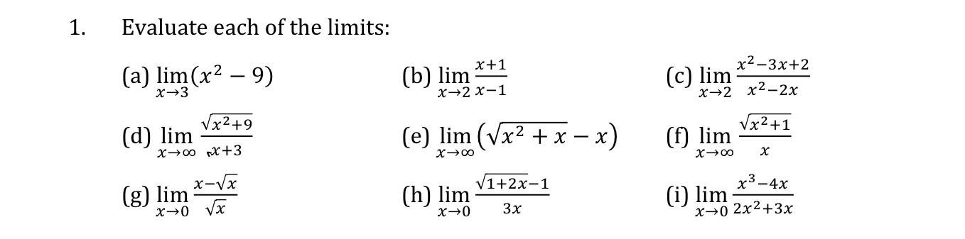 Solved 1. Evaluate each of the limits: (a) limx→3(x2−9) (b) | Chegg.com