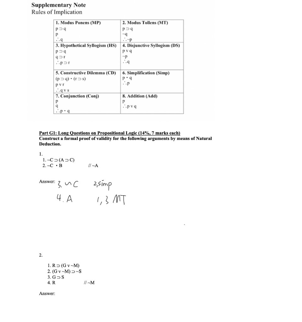 Solved Supplementary Note Rules of Implication 2. Modus | Chegg.com
