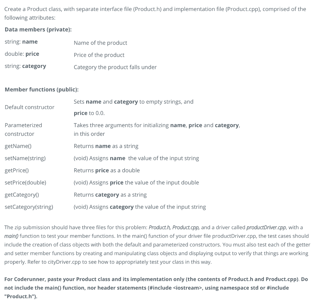 Solved Create a Product class, with separate interface file | Chegg.com