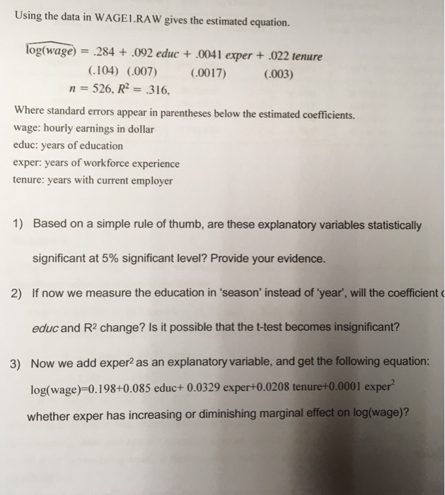 Solved Using the data in WAGE1.RAW gives the estimated | Chegg.com
