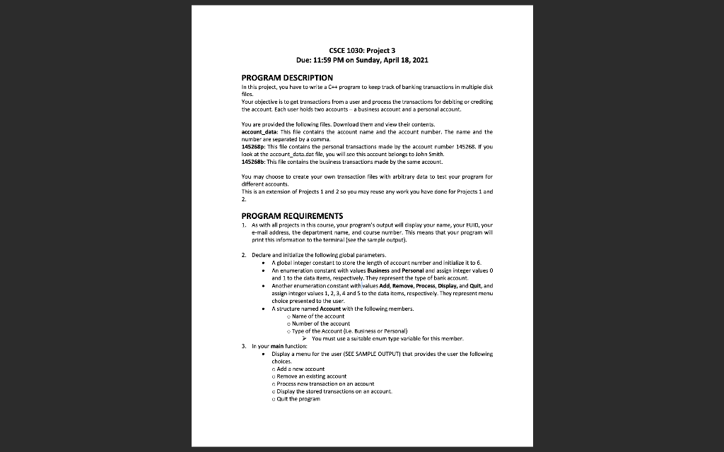 CSCE 1030: Project 3 Due: 11:59 PM on Sunday, April | Chegg.com
