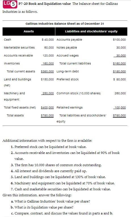 Solved LG 5 P7-20 Book and liquidation value The balance | Chegg.com