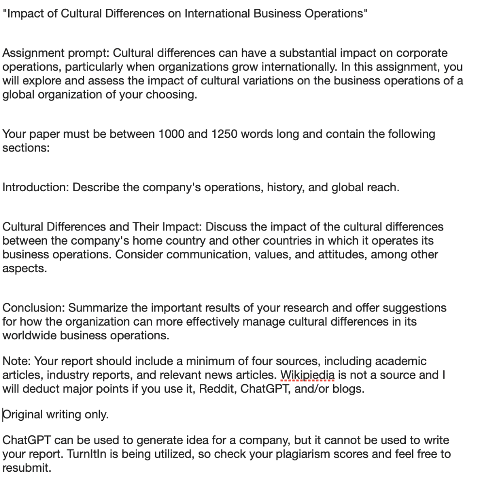 Solved Assignment prompt: Cultural differences can have a | Chegg.com