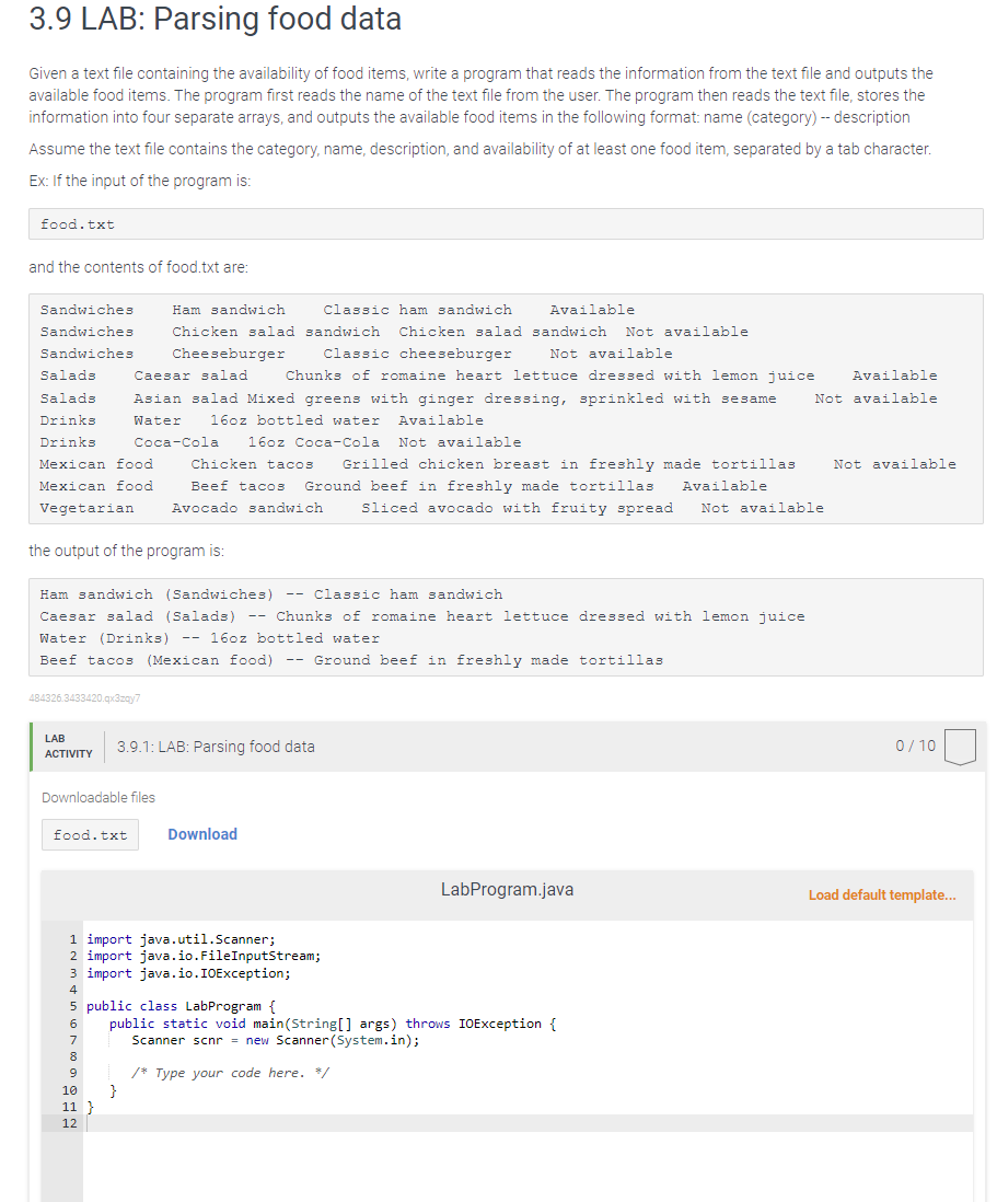 Solved 3.9 LAB: Parsing food data Given a text file | Chegg.com