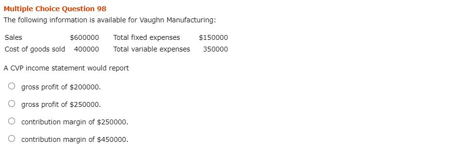 Solved Multiple Choice Question 98 The following information | Chegg.com
