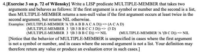 Solved 4. [Exercise 3 on p. 72 of Wilensky] Write a LISP | Chegg.com