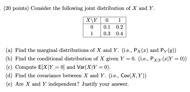 Solved (20 points) Consider the following joint distribution | Chegg.com