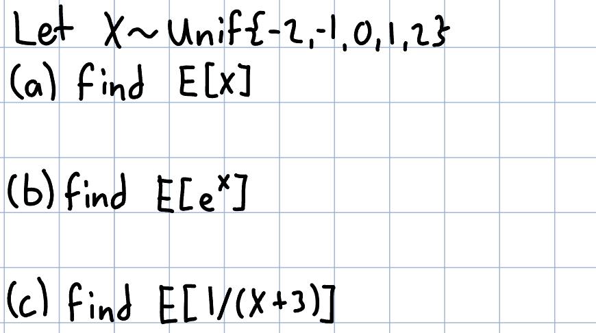 Solved Let X∼ Unif n {−2,−1,0,1,2} (a) find E[x] (b) find | Chegg.com