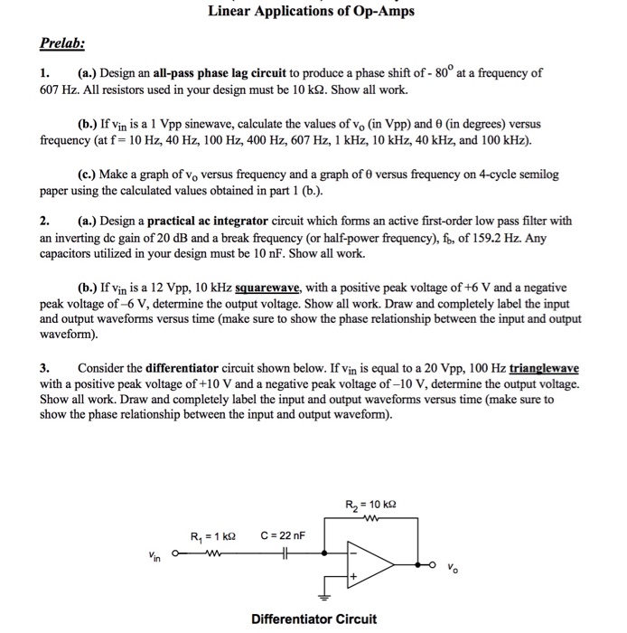 Solved Linear Applications of Op-Amps Prelab: 1. (a.) Design | Chegg.com