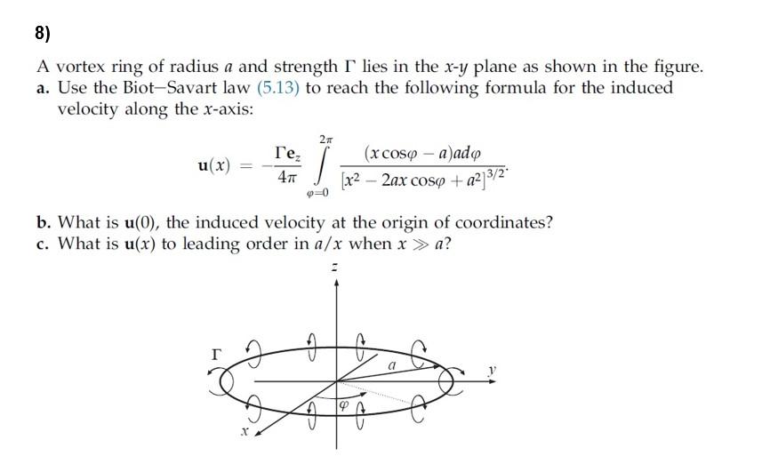 Solved 8) A vortex ring of radius a and strength I lies in | Chegg.com