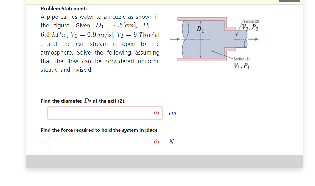 Solved Section (2) V₂, P2 Problem Statement: A pipe carries | Chegg.com