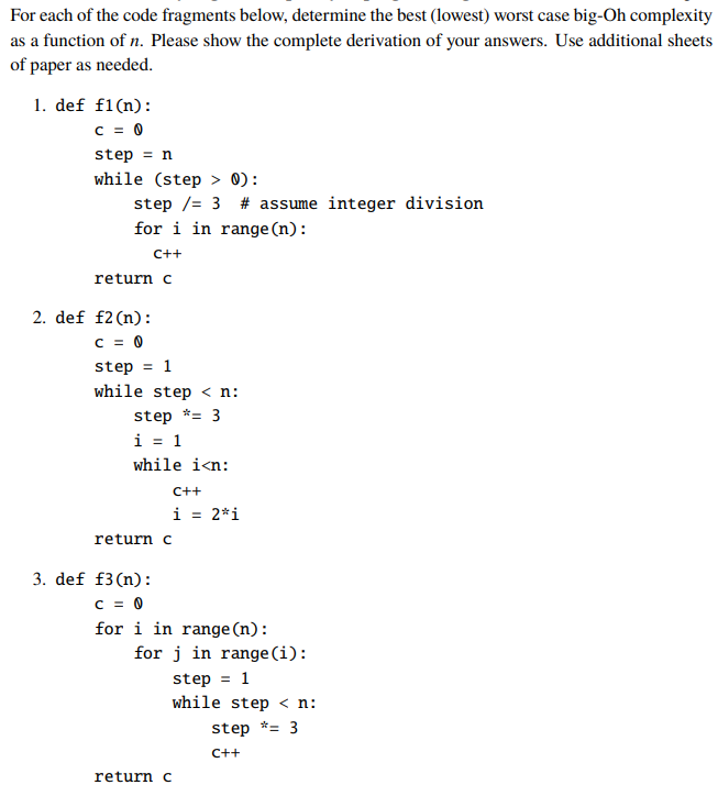 Solved For each of the code fragments below, determine the | Chegg.com