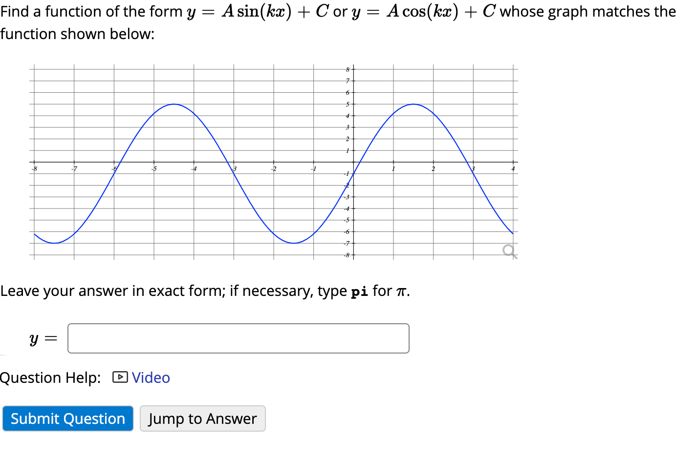 Solved Find a function of the form y = A sin(kx) + C ory= A | Chegg.com