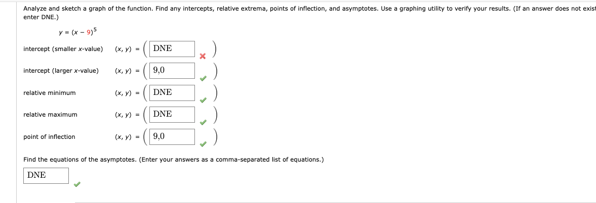 Solved enter DNE.) y=(x−9)5 intercept (smaller x-value) | Chegg.com