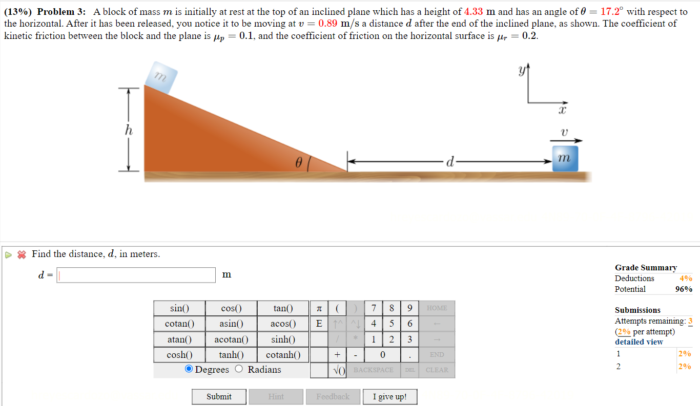 Solved (13\%) Problem 3: A block of mass m is initially at | Chegg.com