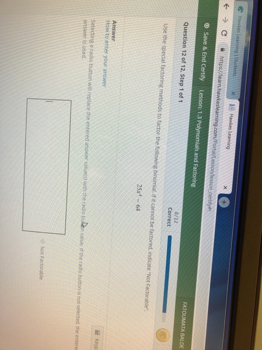 Solved Hawkes (--) С O Save & End Certify Lesson: 1.3 | Chegg.com