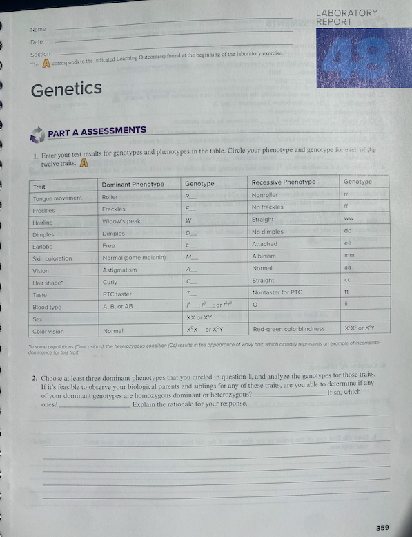 Solved 1. Enter your test results for genotypes and | Chegg.com