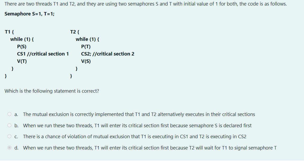 Solved There are two threads T1 and T2, and they are using | Chegg.com