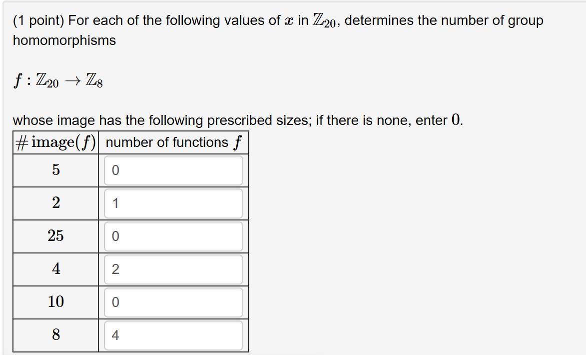 Solved (1 point) For each of the following values of x in | Chegg.com