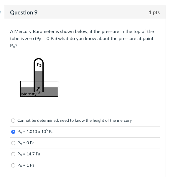 Solved Question 9 1 pts A Mercury Barometer is shown below, | Chegg.com