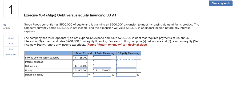 Solved Check my work 1 Exercise 10-1 (Algo) Debt versus | Chegg.com