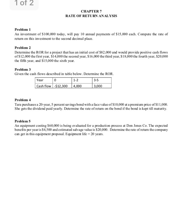 Solved 1 of 2 CHAPTER7 RATE OF RETURN ANALYSIS Problem1 An | Chegg.com