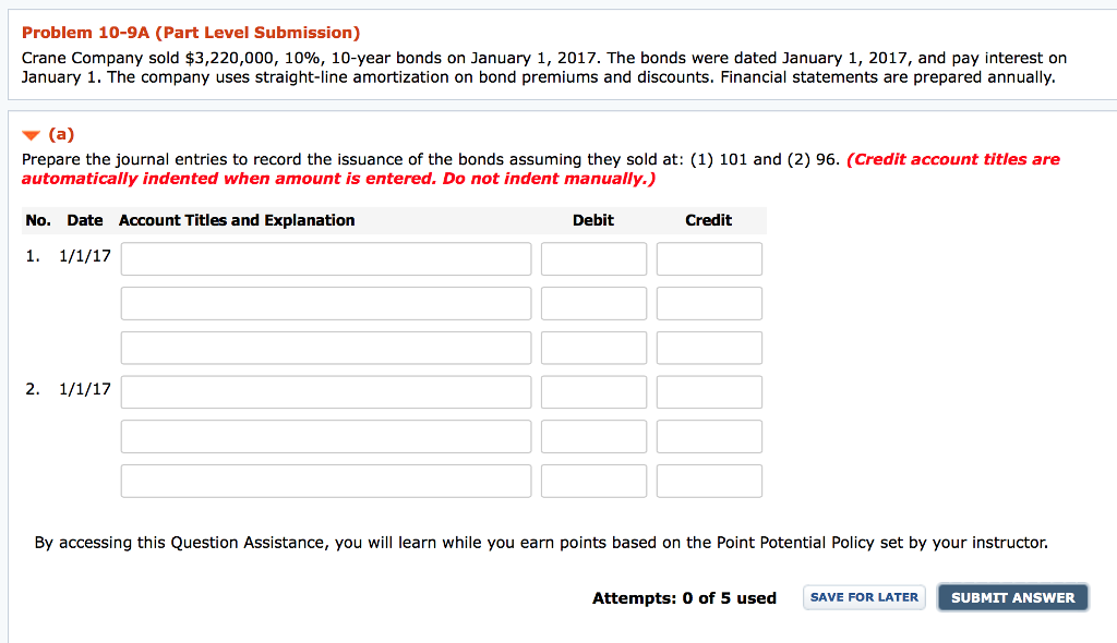 Solved Problem 10-9A (Part Level Submission) Crane Company | Chegg.com