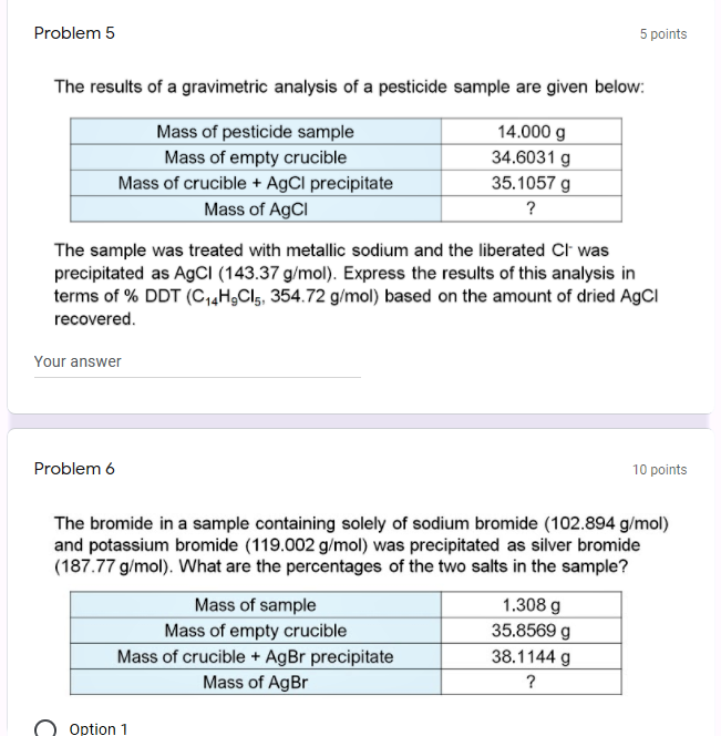 Solved Problem 5 5 points The results of a gravimetric | Chegg.com
