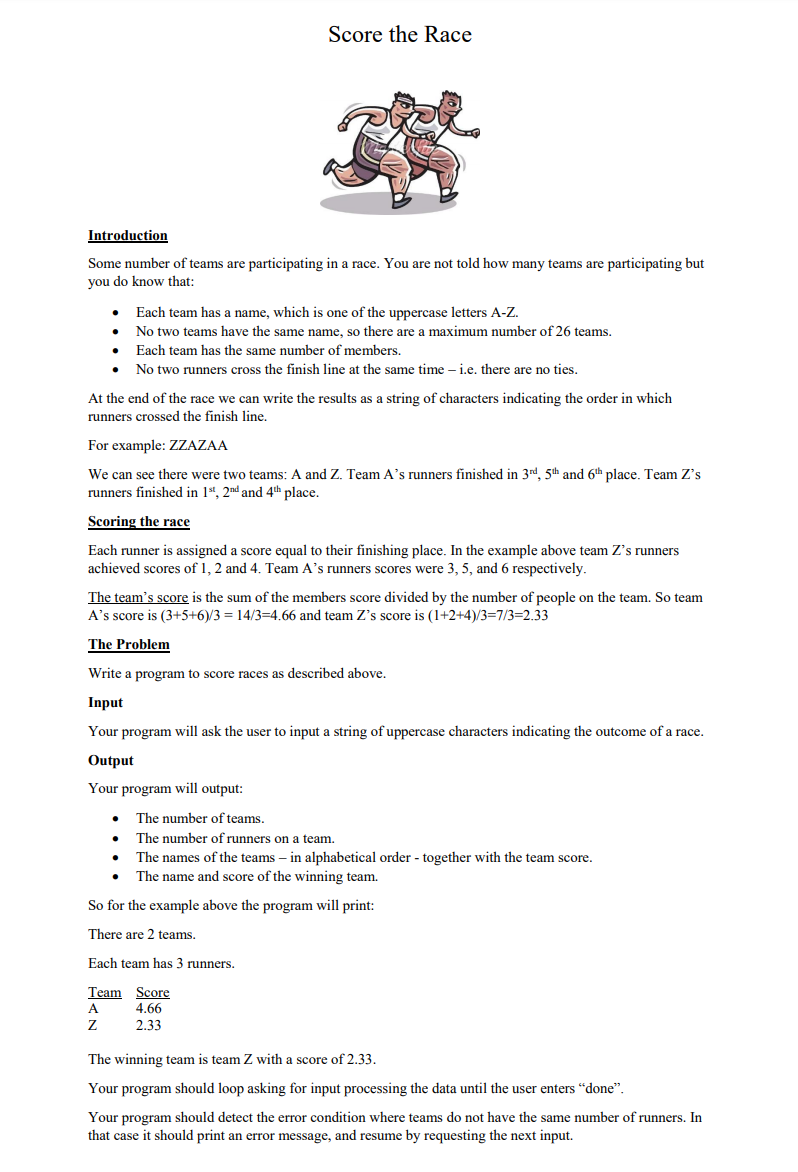 Solved Score the Race Introduction Some number of teams are | Chegg.com