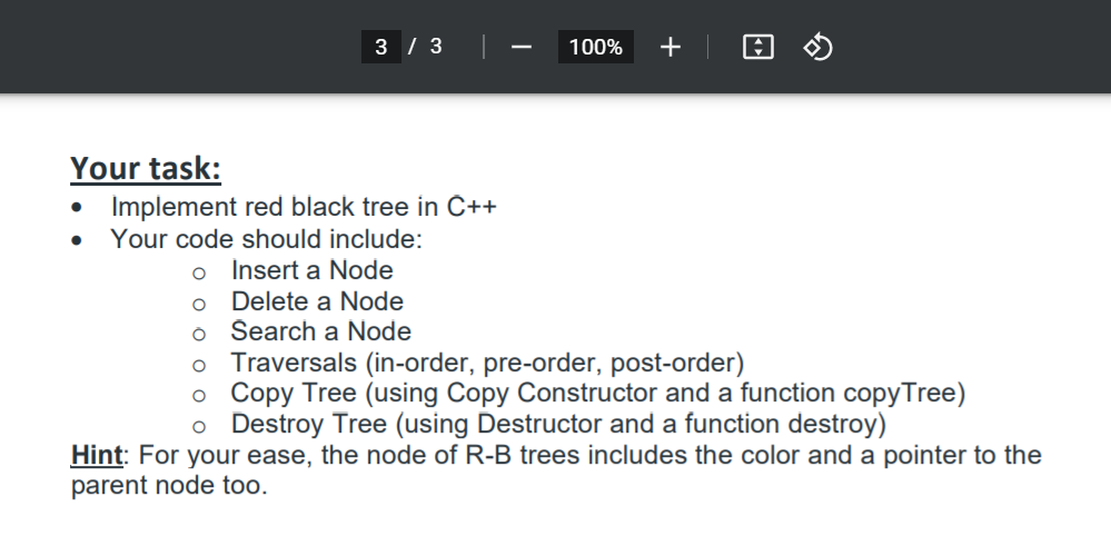 Solved 3 / 3 - 100% + o Your task: • Implement red black | Chegg.com Solved 3 / 3 - 100% + o Your task: • Implement red black | Chegg.com