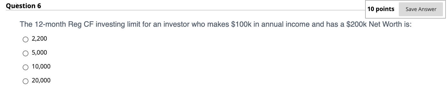 Solved The 12-month Reg CF investing limit for an investor | Chegg.com