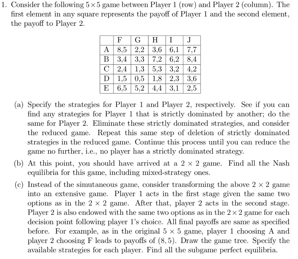 Solved 1. Consider the following 5 x 5 game between Player 1 | Chegg.com