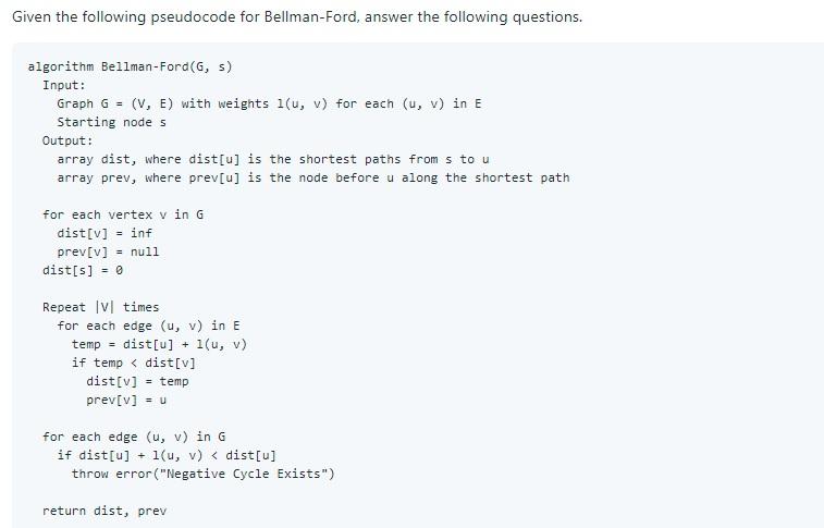Solved: Given The Following Pseudocode For Bellman-Ford, A... | Chegg.com Solved: Given The Following Pseudocode For Bellman-Ford, A... | Chegg.com