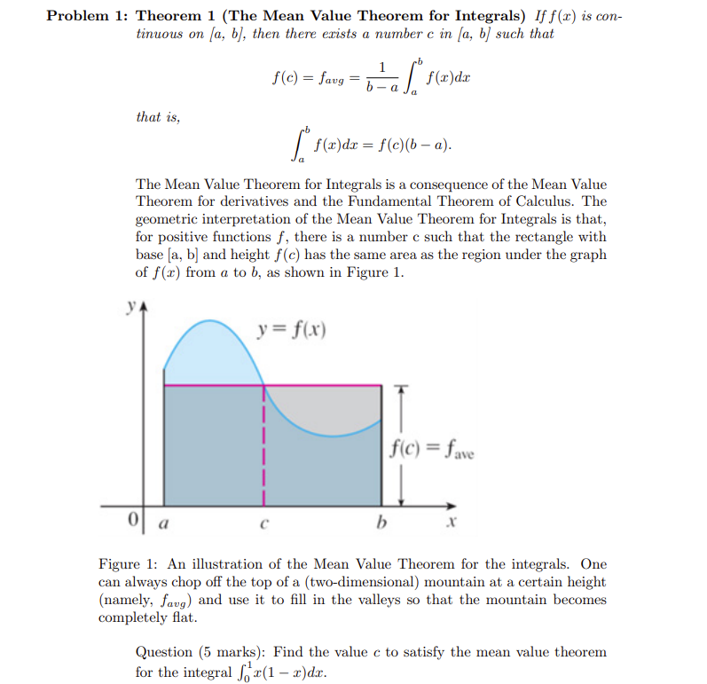 Solved n 1: Theorem 1 (The Mean Value Theorem for Integrals) | Chegg.com