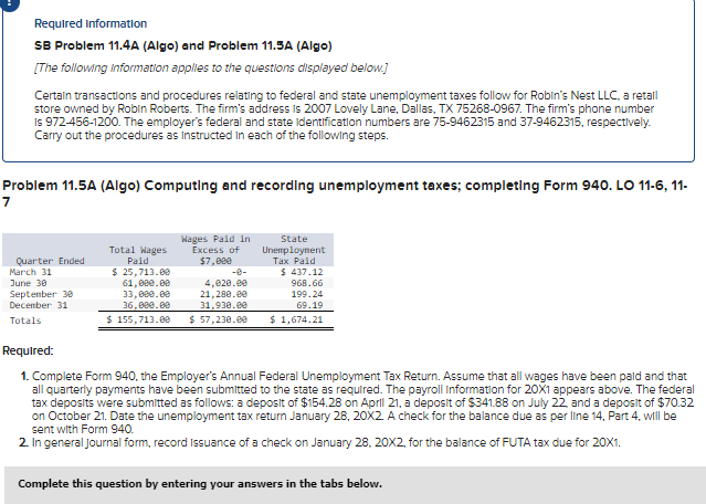 Required information SB Problem 11.4A (Algo) and | Chegg.com