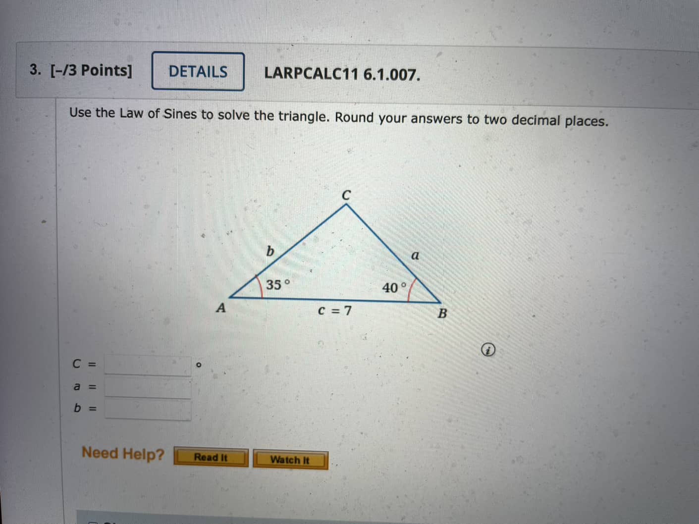 Use the Law of Sines to solve the triangle. Round | Chegg.com