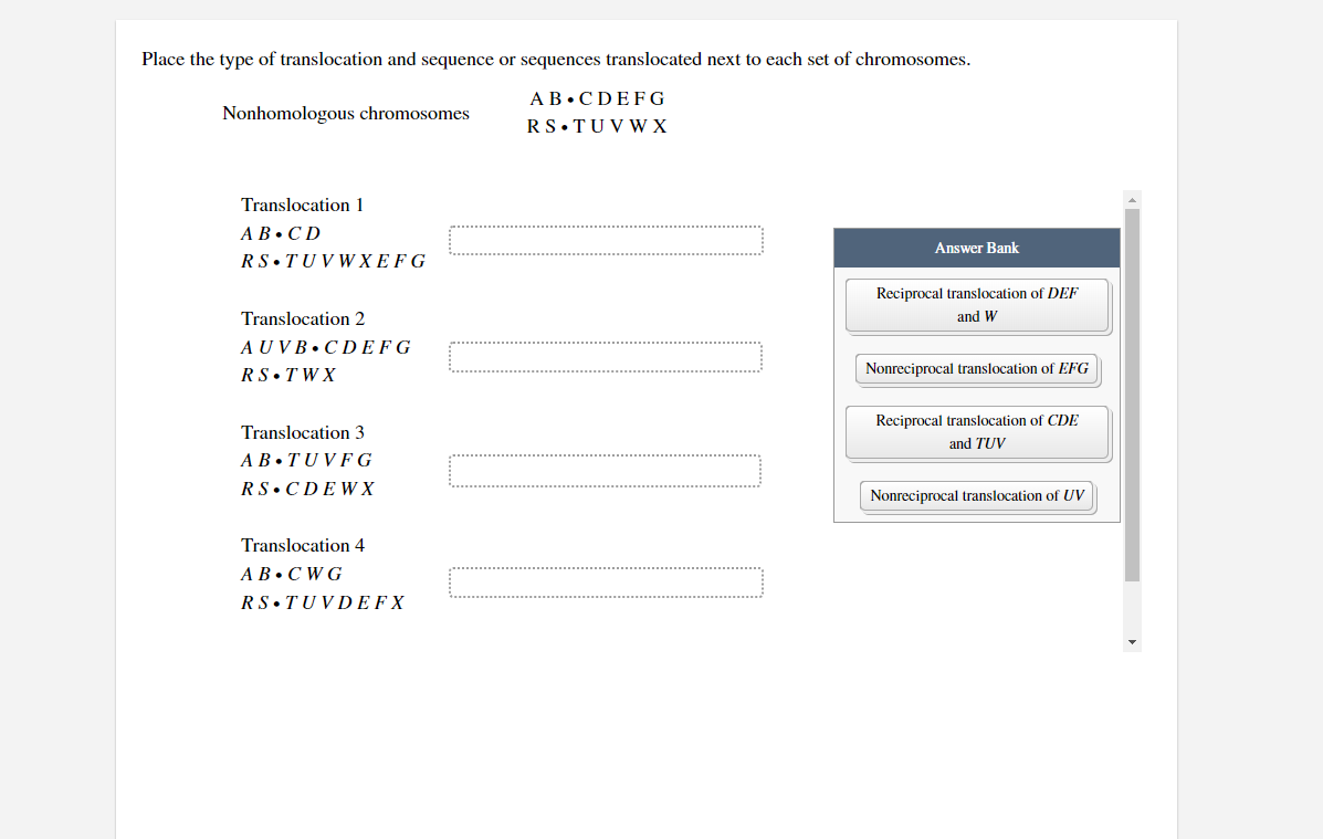 Solved Place the type of translocation and sequence or | Chegg.com