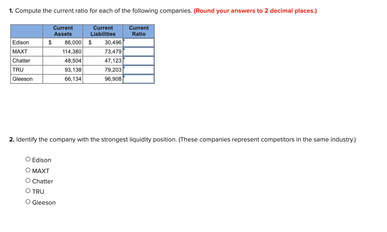 Solved 1. Compute the current ratio for each of the | Chegg.com
