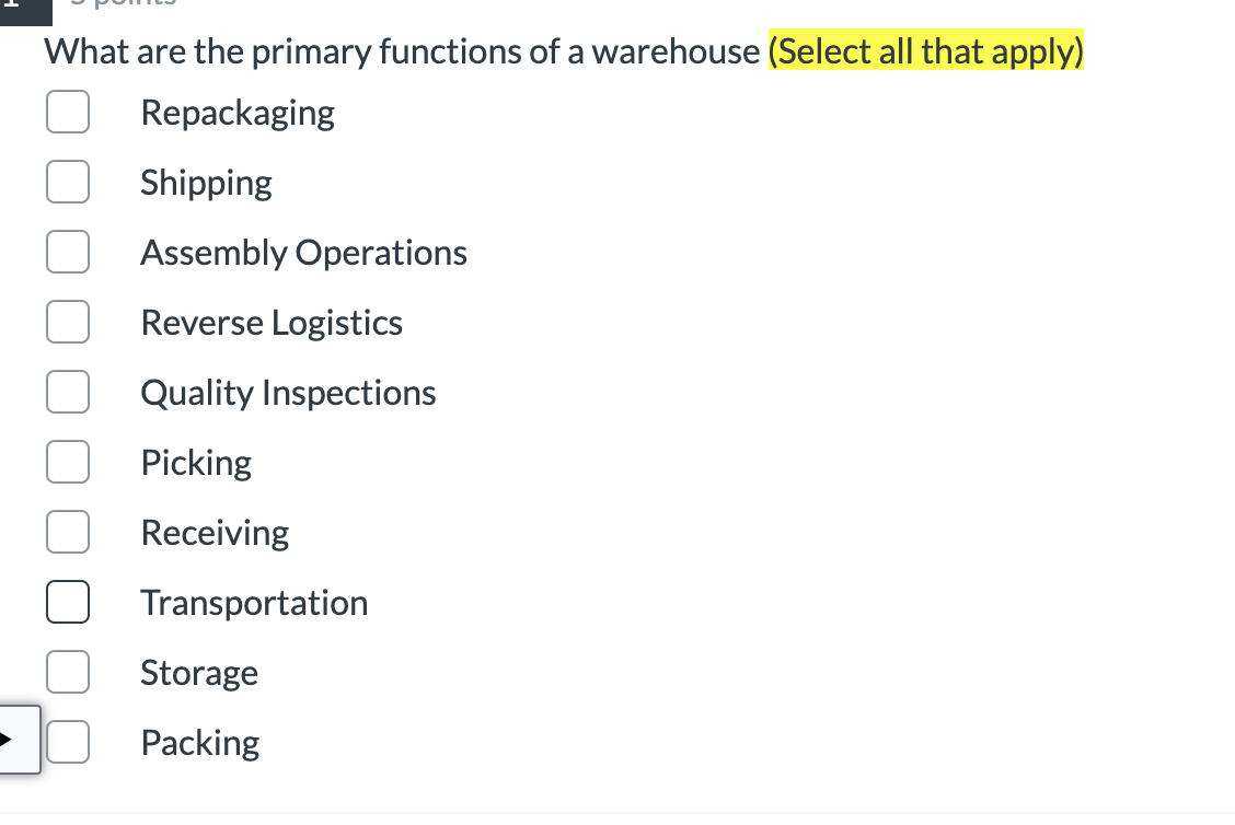 Solved What are the primary functions of a warehouse (Select | Chegg.com