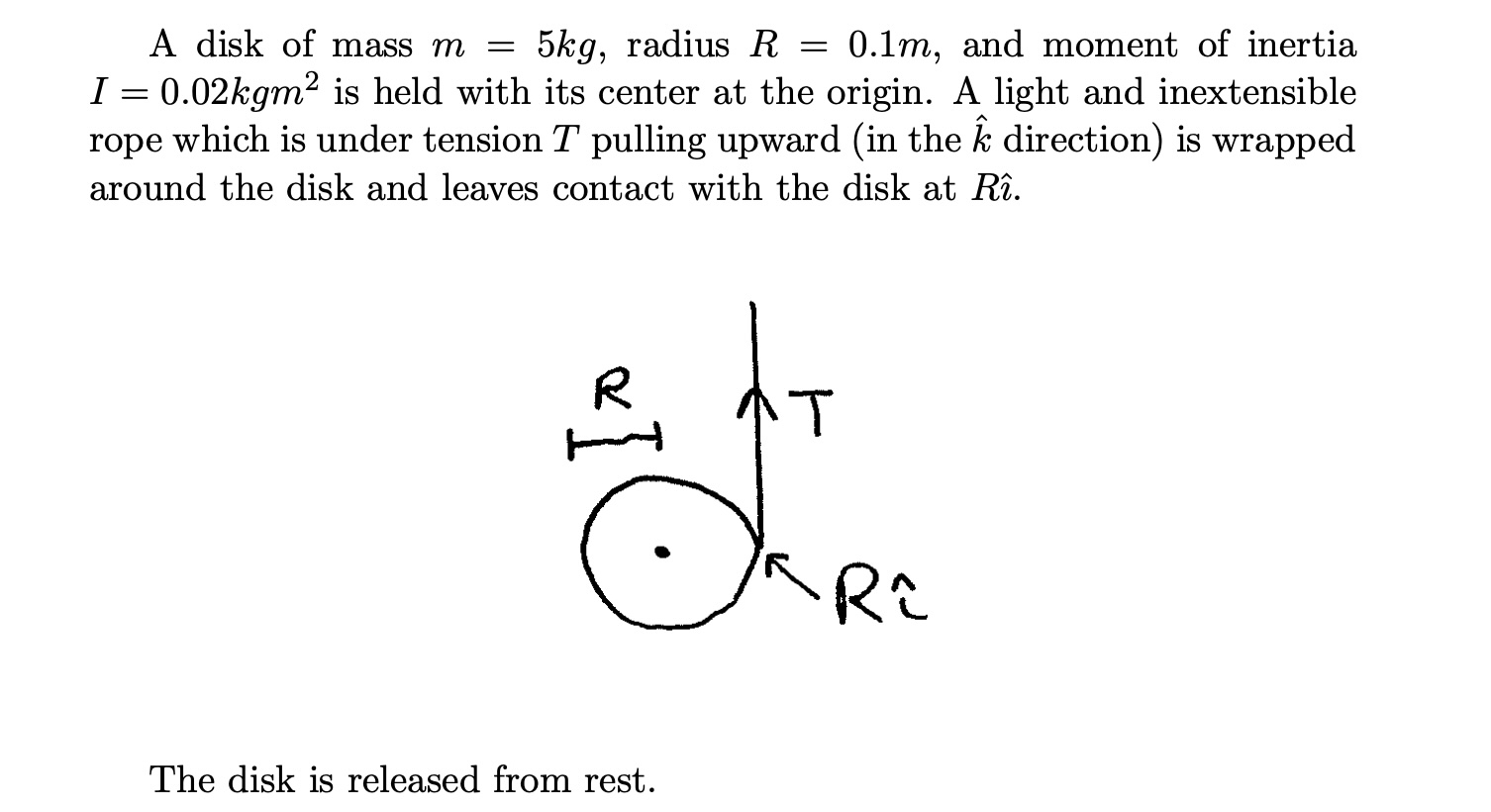 Solved A disk of mass m=5 kg, radius R=0.1 m, and moment of | Chegg.com