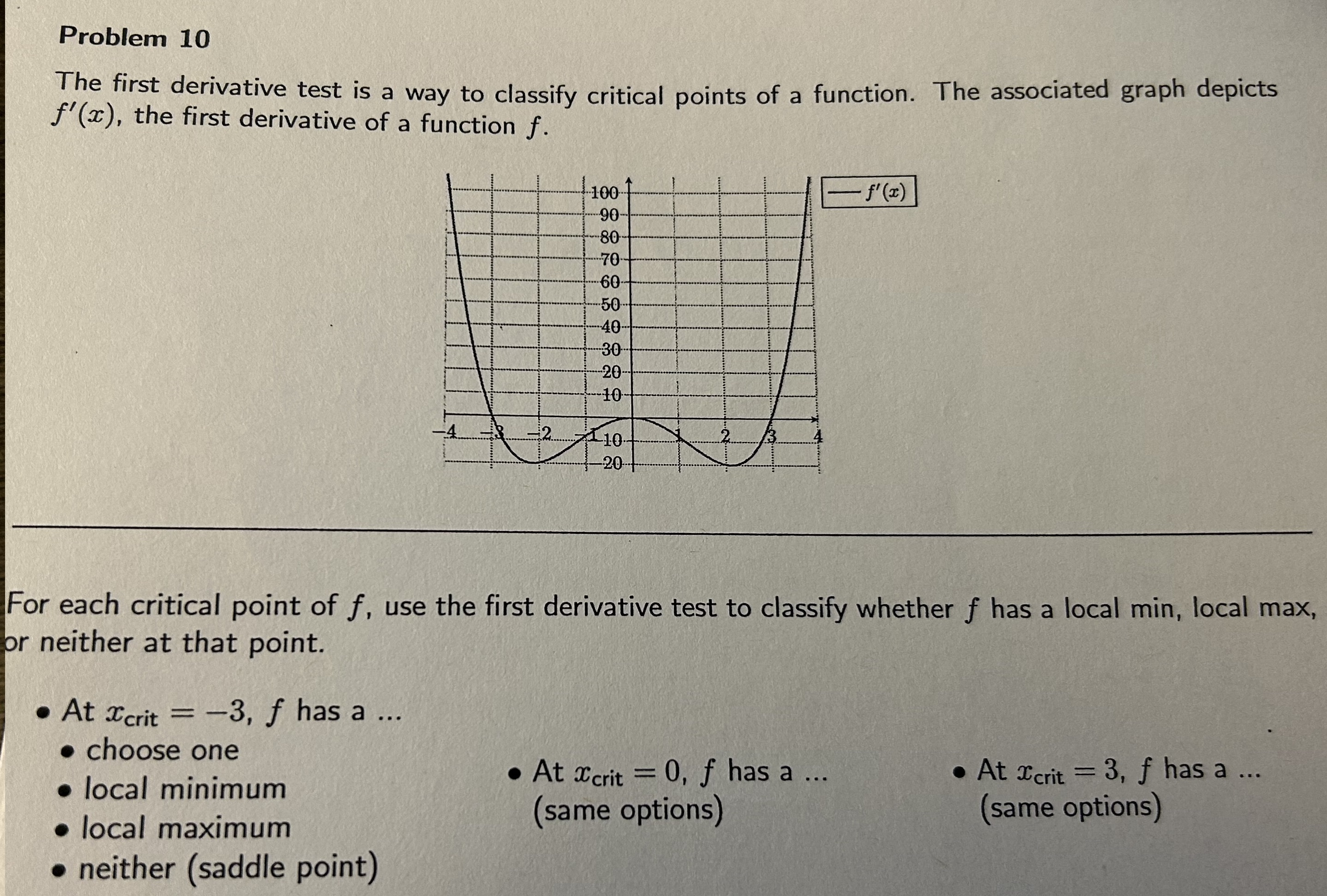 Solved Problem 10The first derivative test is a way to | Chegg.com